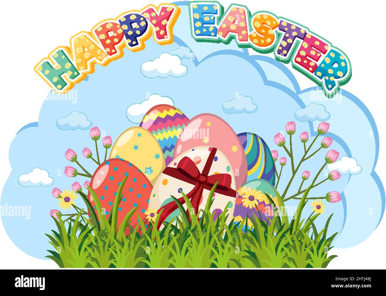 Happy Easter design with decorated eggs in garden illustration Stock ...