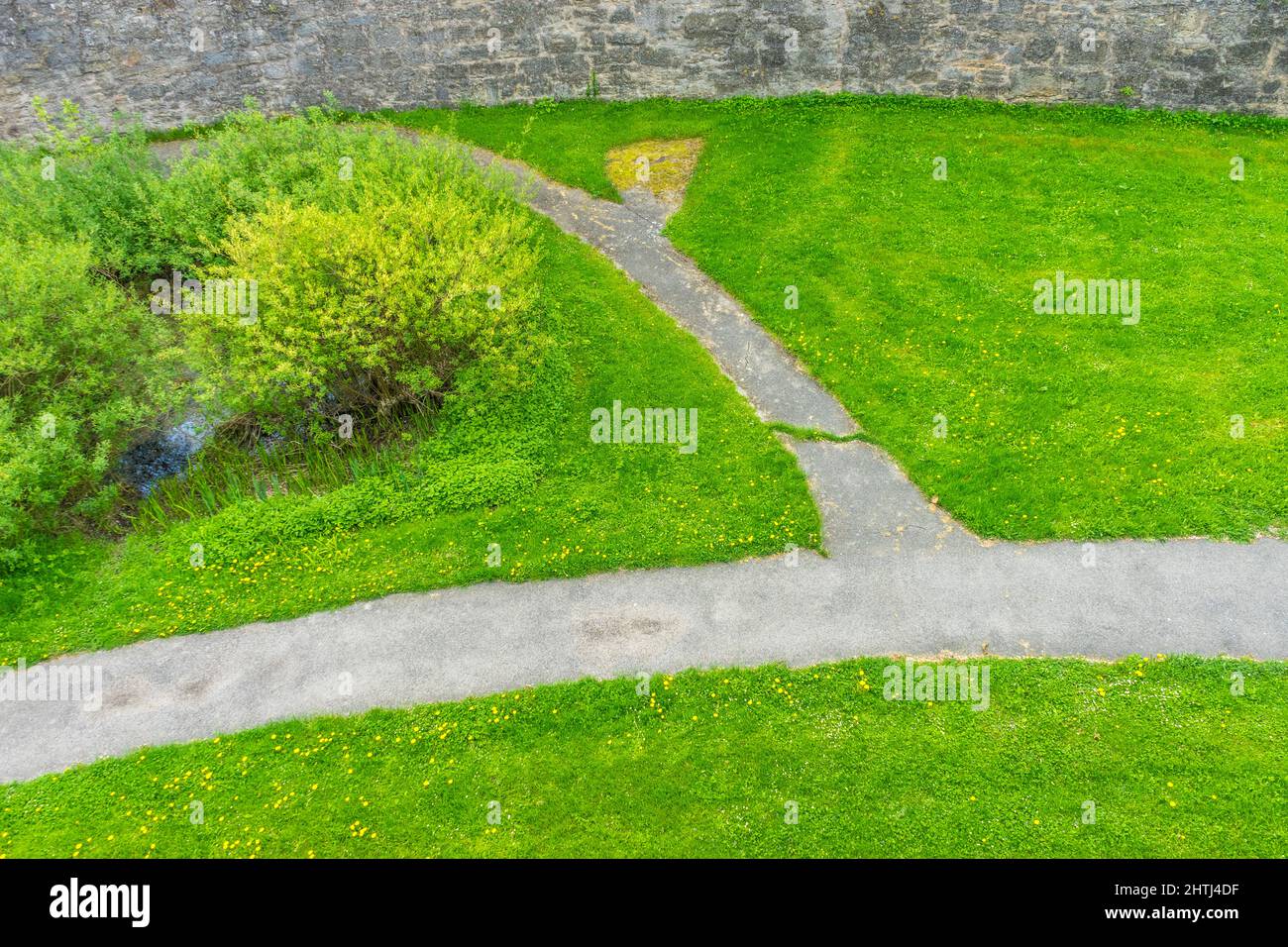High-angle shot of a two paths diverged in a green park with trees and ...