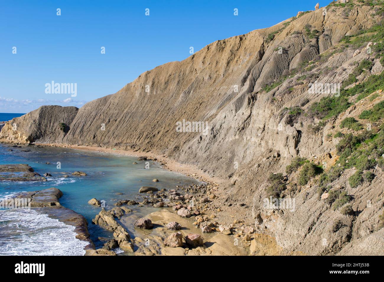 Steep blue clay slopes, with flaking debris forming scree on limestone ...