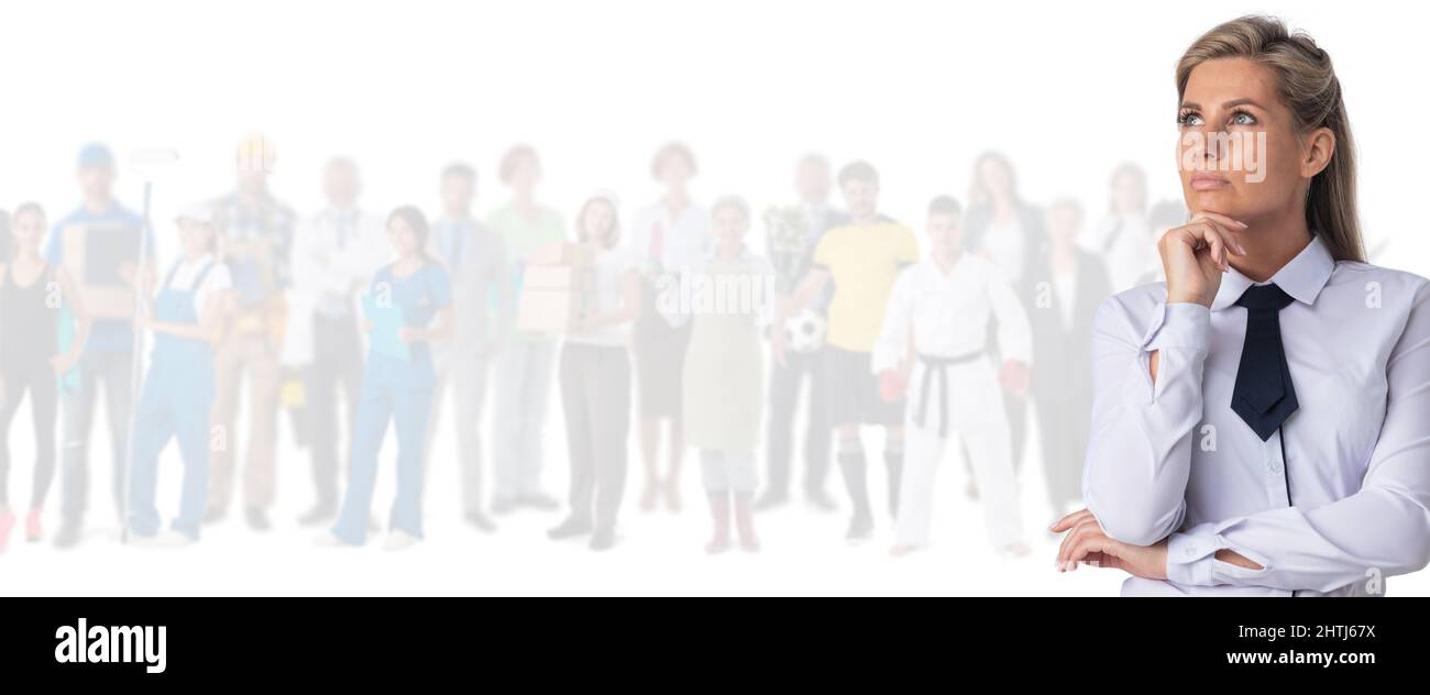 Thinking business woman and people of different professions on ...