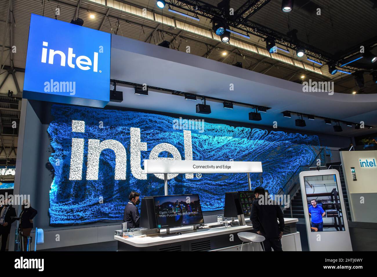 An Intel booth seen during the first day of Mobile World Congress 2022 ...