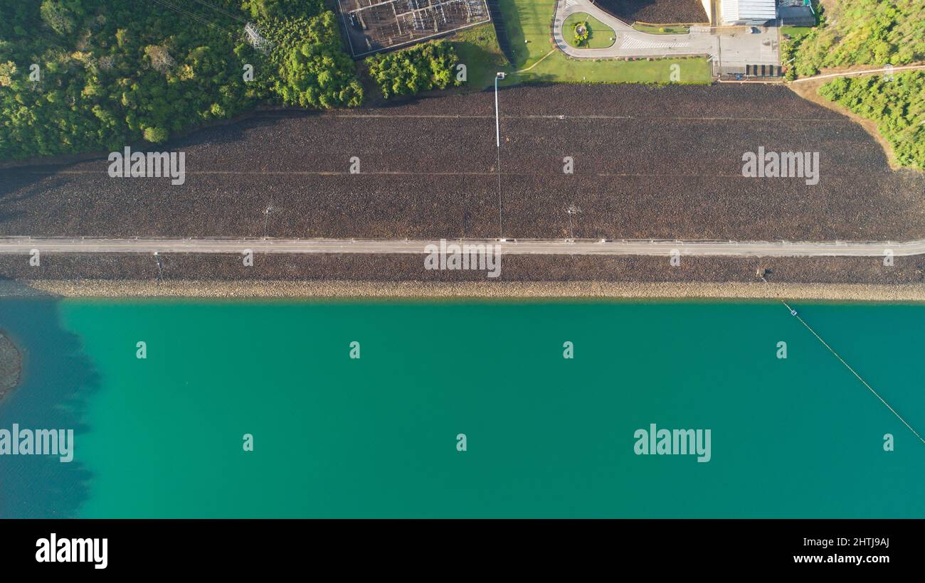 Aerial photo from flying drone of asphalt road around the dam,beautiful ...