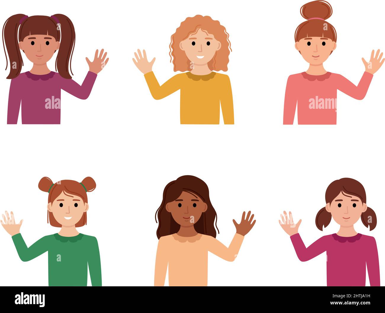 Kid girls waving their hands hello, bye. Children waving in greeting ...