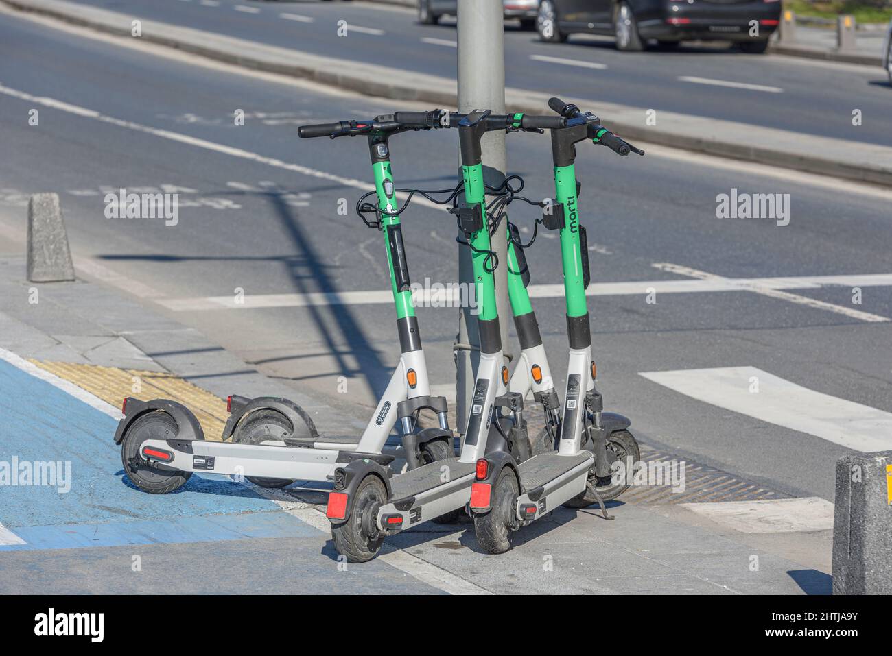 ISTANBUL, TURKEY - FEBRUARY 5, 2022: Rentable electric scooter that by ...