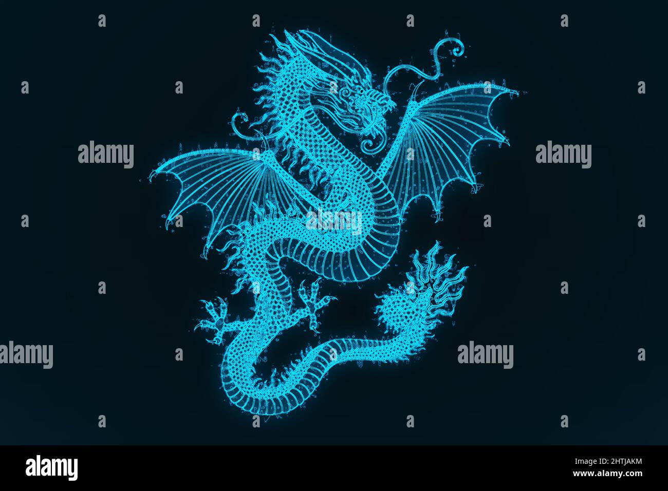A glowing blue Chinese dragon on a dark blue background Stock Photo - Alamy