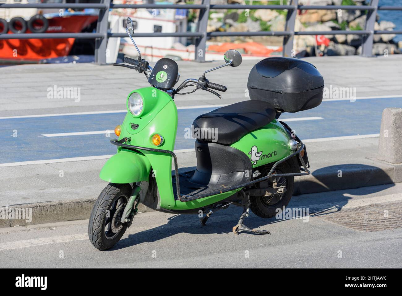ISTANBUL, TURKEY - FEBRUARY 5, 2022: Rentable electric scooter that by ...