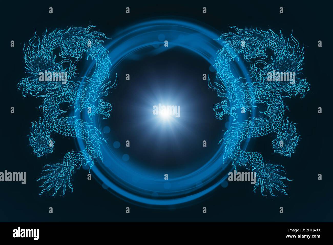 A glowing blue Chinese dragon on a dark blue background Stock Photo - Alamy
