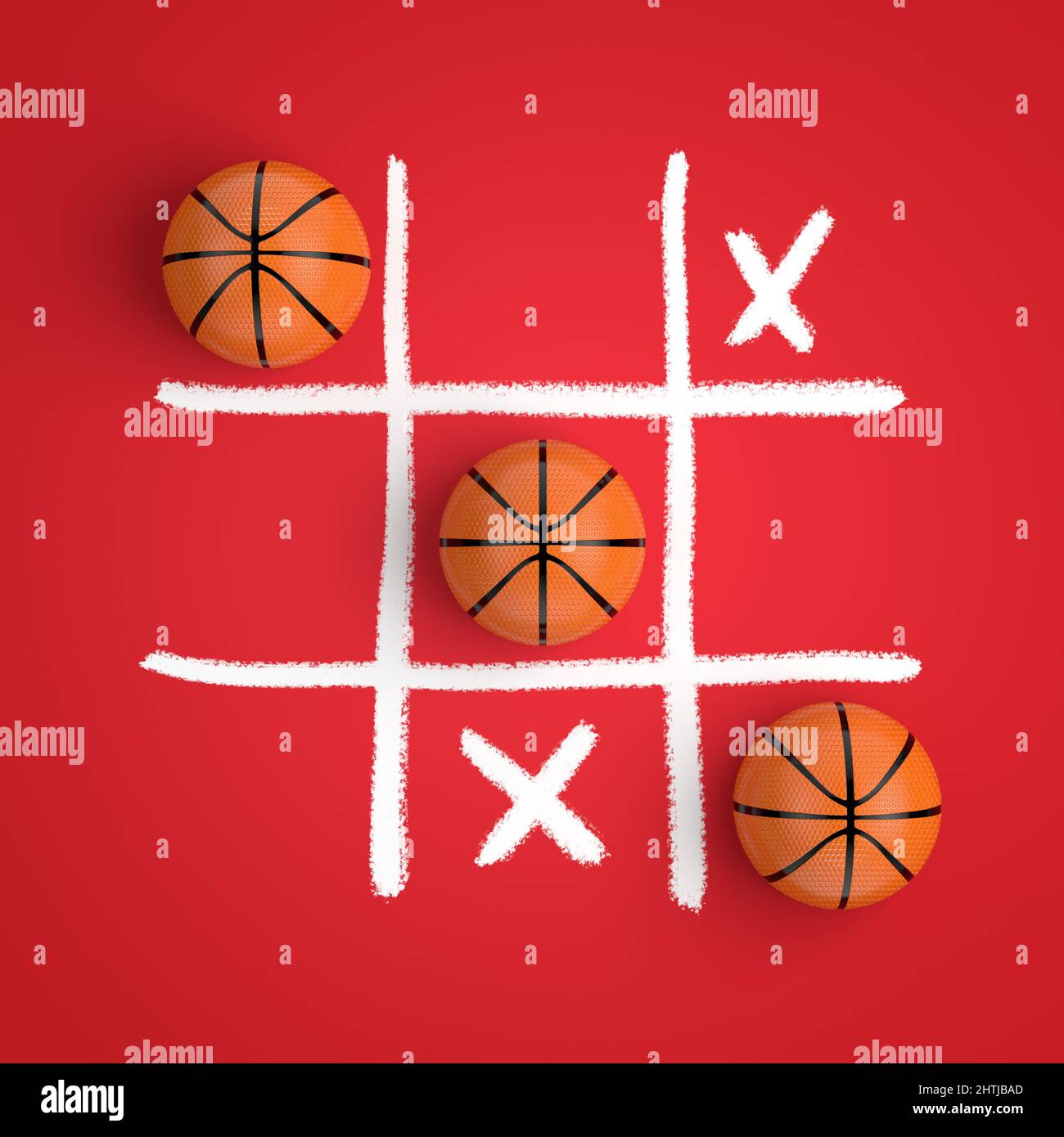 Basketball Balls in Tic Tac Toe Game on a red background. 3d rendering ...