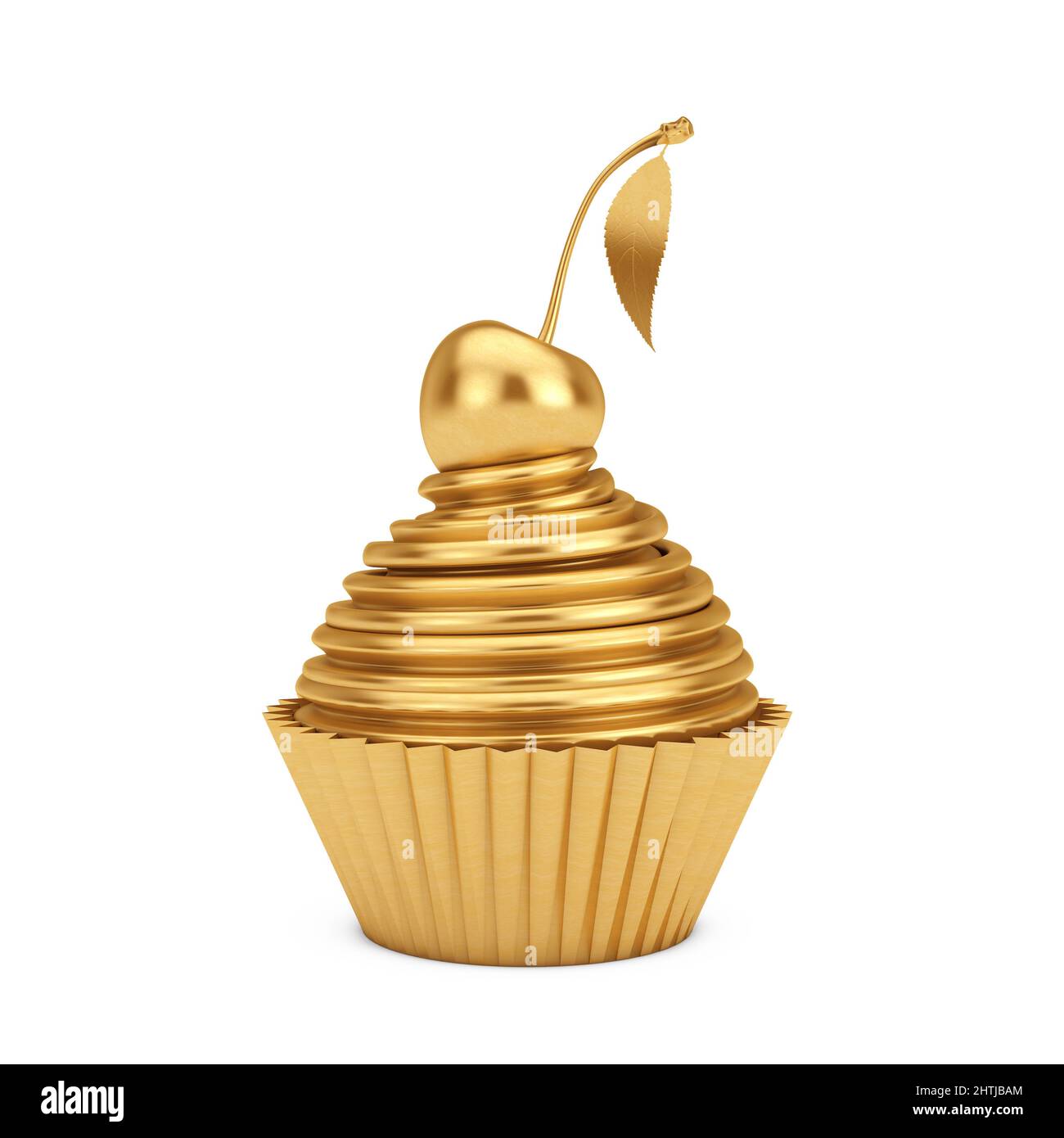 Golden Sundae Ice Cream Cupcake with Cherry on a white background. 3d ...