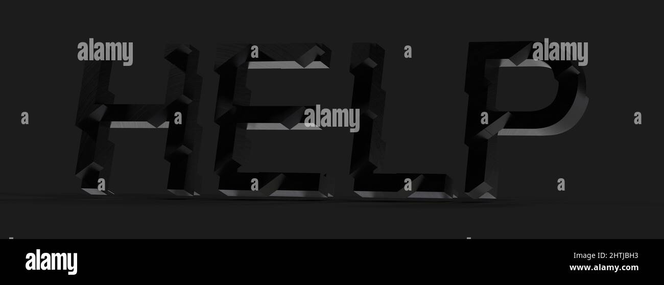 Illustrative 3D Help word on a black background Stock Photo - Alamy