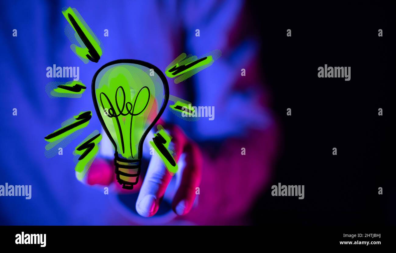 Hand showing an Illustrated lightbulb sign as an idea concept Stock ...