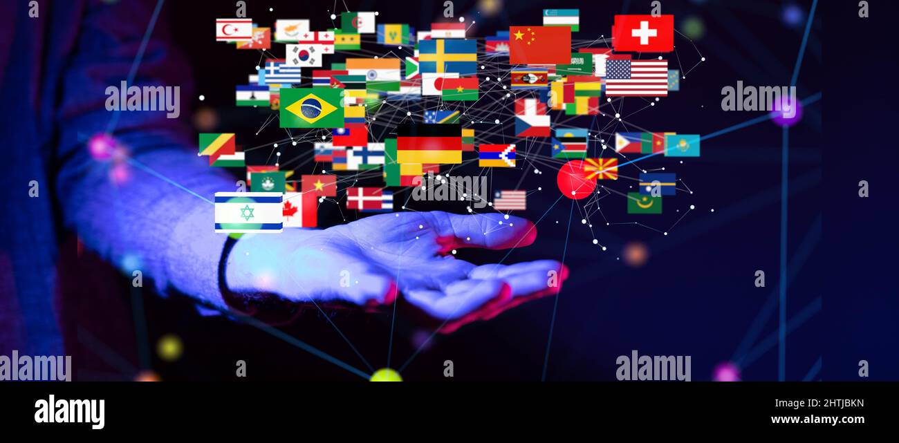 Hand holding illustrated all the country flags in communication Stock ...