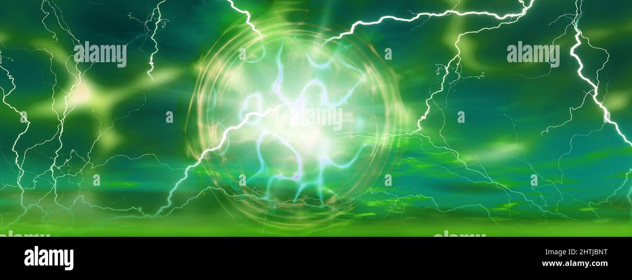 green alien atmosphere with ball of energy and lightining Stock Photo ...