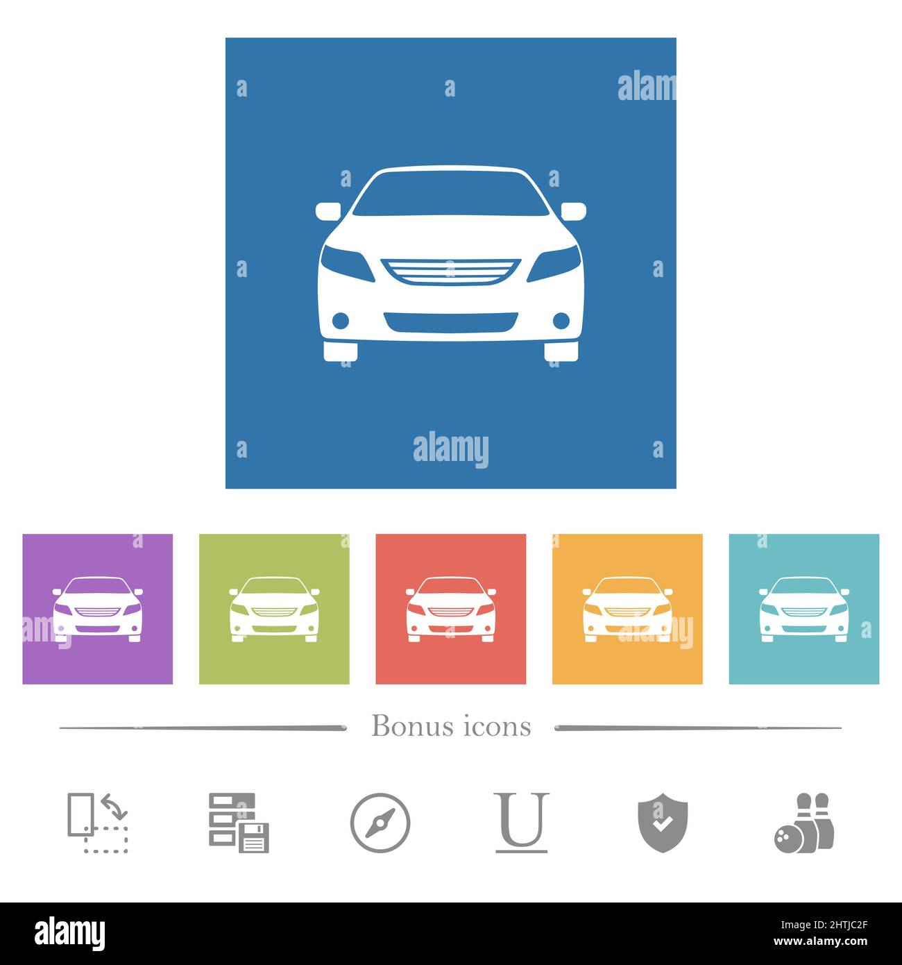 Sport car front view flat white icons in square backgrounds. 6 bonus ...