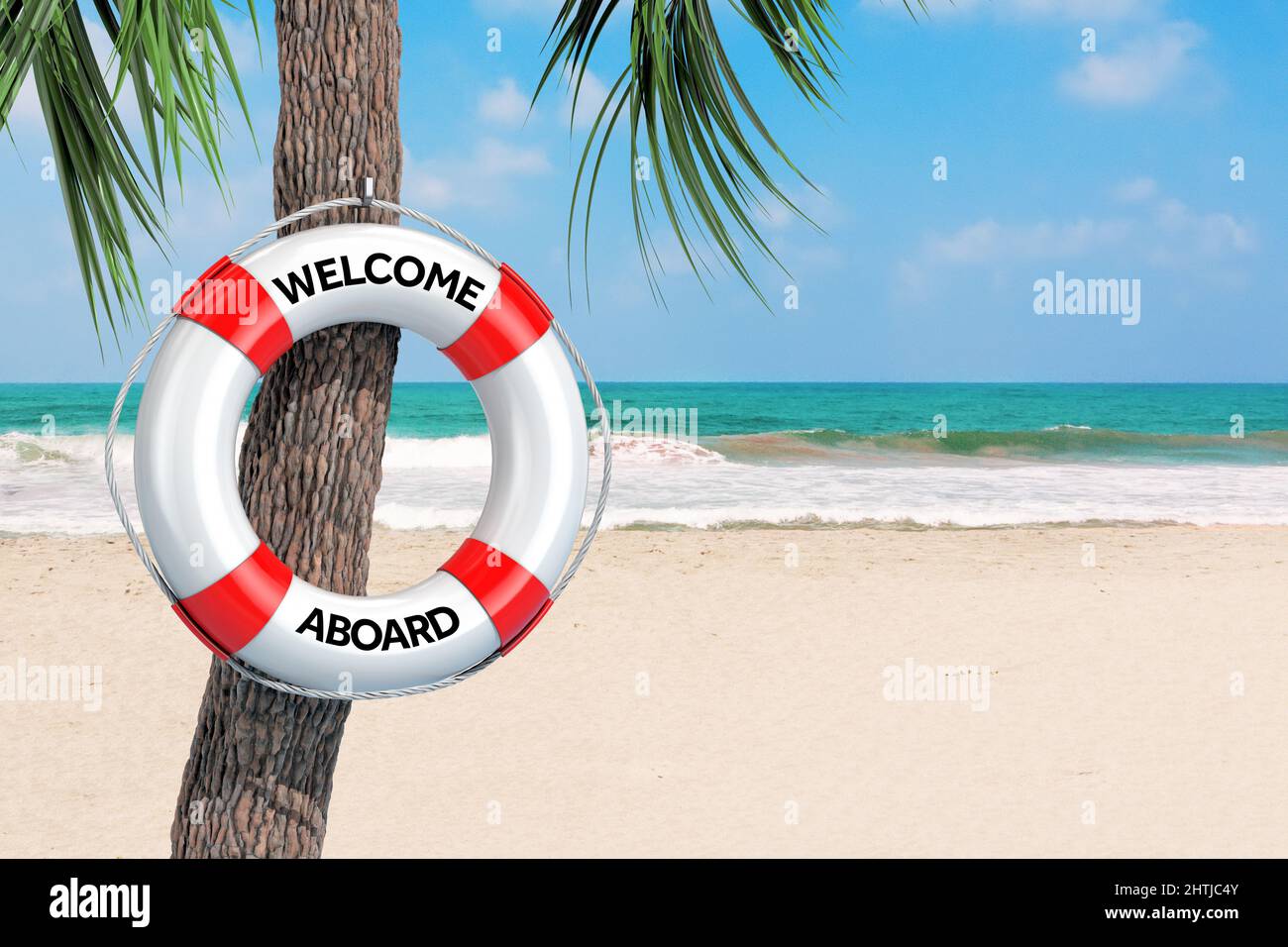 White Life Buoy with Welcome Aboard Sign Hanging on a Palm Tree on an ...