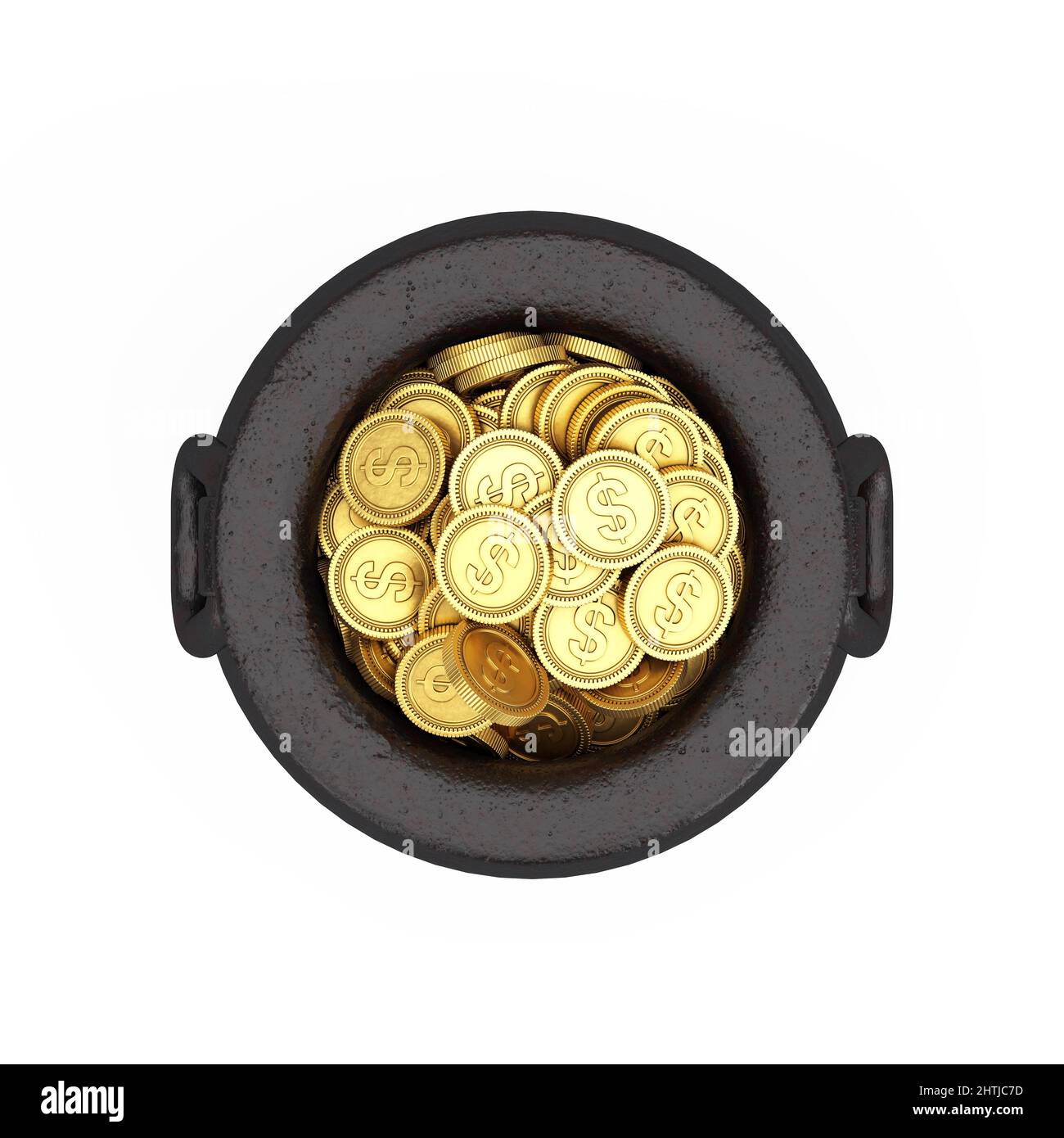Iron Cauldron Pot full of Golden Coins on a white background. 3d ...
