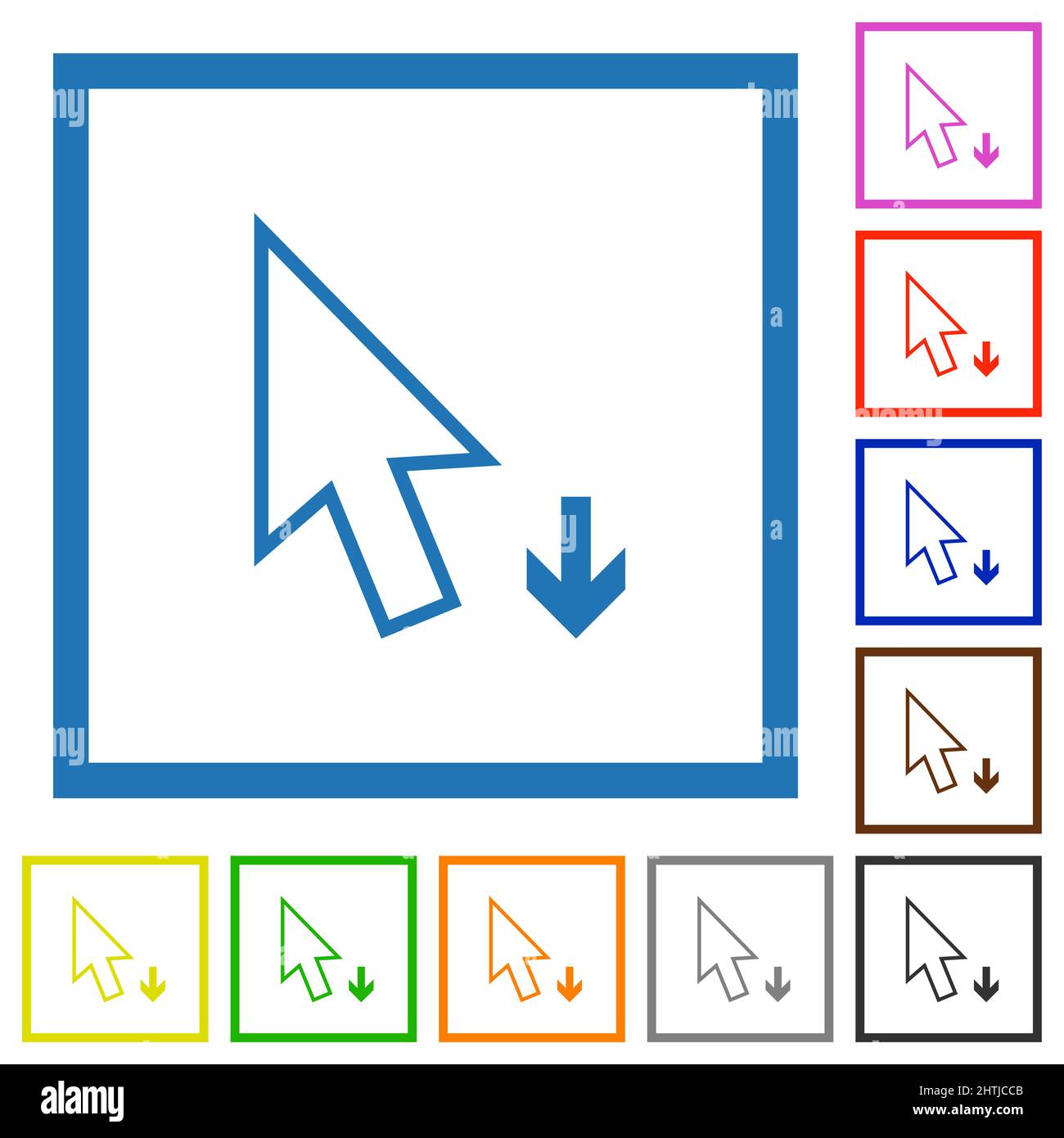 Arrow cursor down outline flat color icons in square frames on white ...