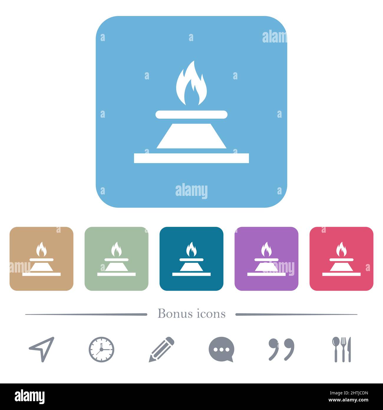 Kitchen gas stove white flat icons on color rounded square backgrounds. 6 bonus icons included ...