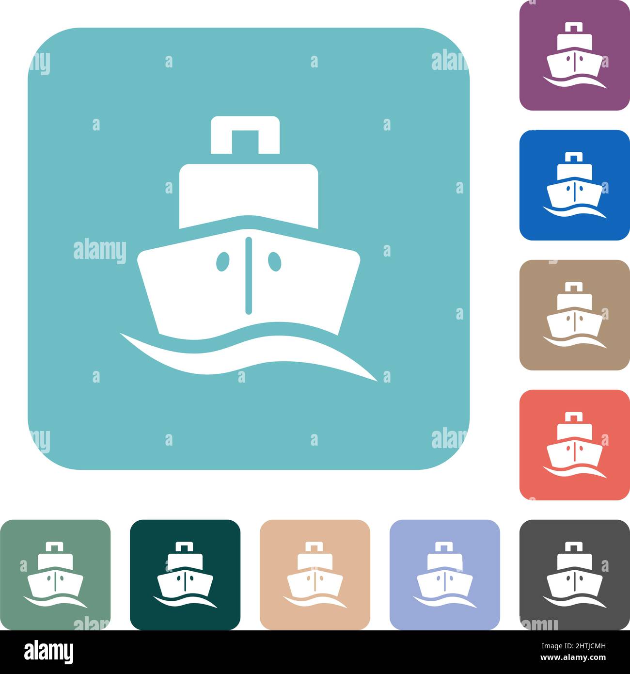Cruise ship front view solid white flat icons on color rounded square ...