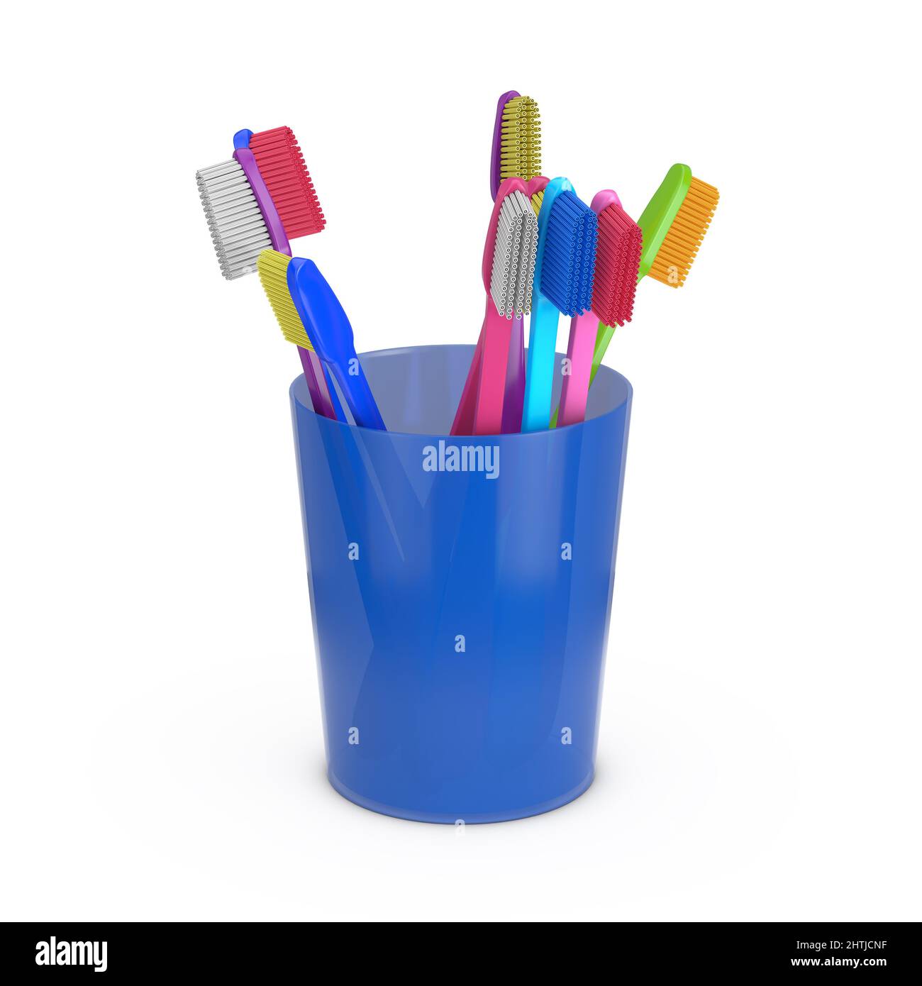 Many Multicolor Plastic Toothbrushes in Blue Plastic Glass on a white ...