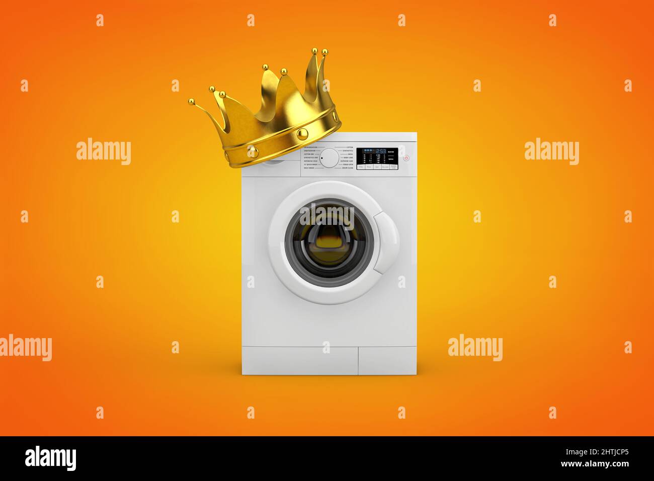 Modern White Washing Machine with Golden Crown on an orange background ...