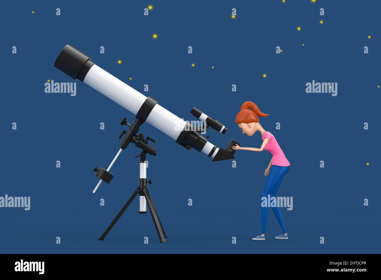 Cute Young Woman or Girl Astronomer Looking Through Telescope on a blue ...