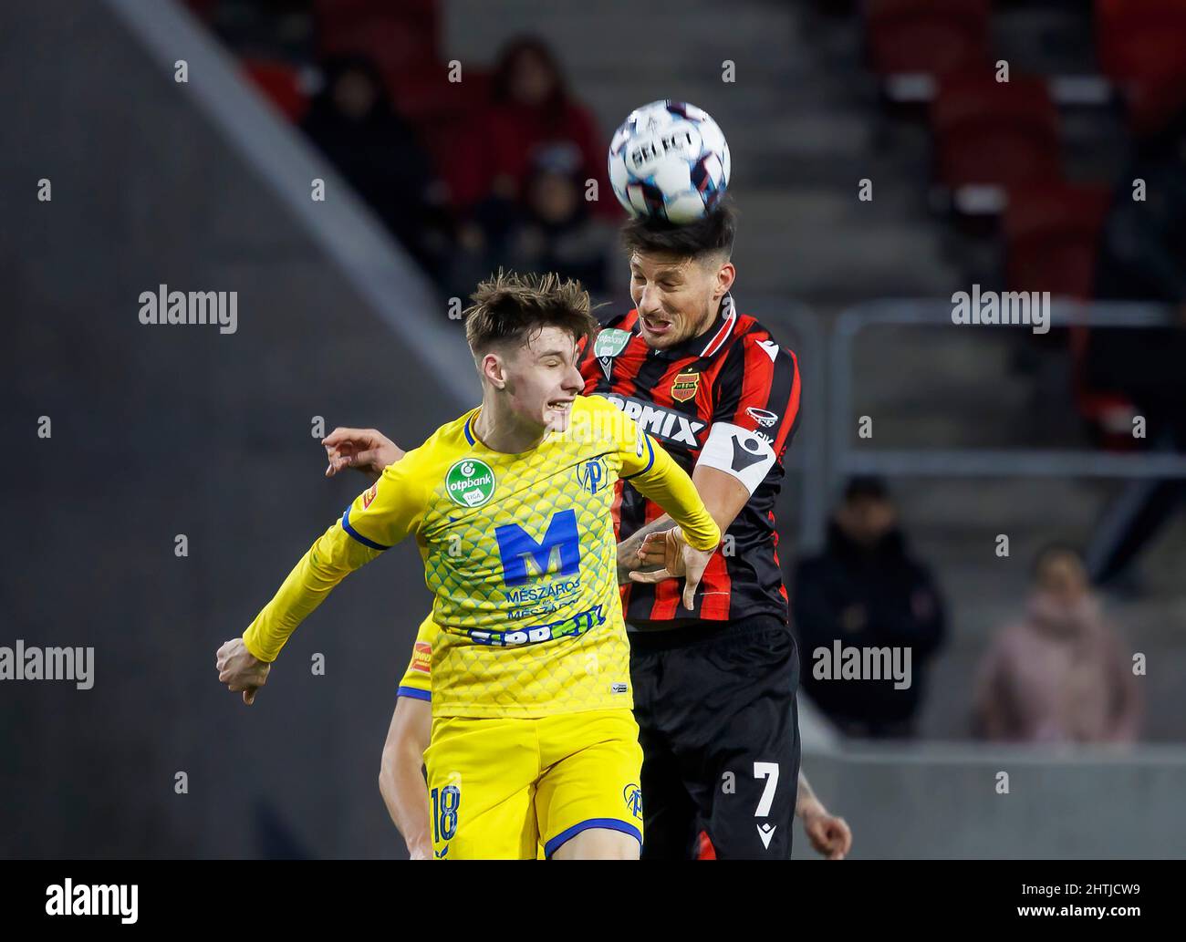 BUDAPEST, HUNGARY - FEBRUARY 26: Bence Batik of Budapest Honved battles ...