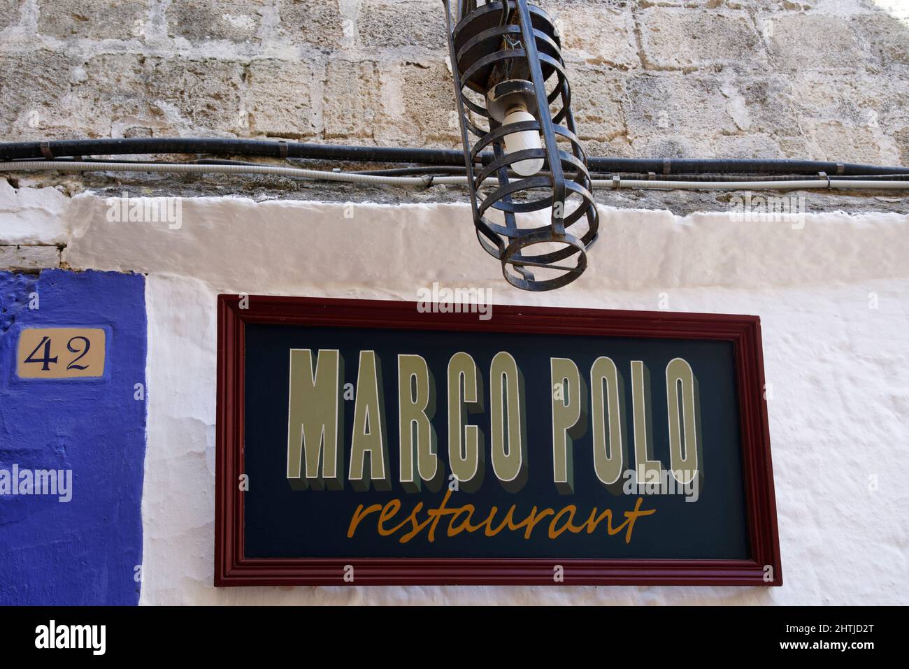 Marco Polo restaurant sign, Old town, Rhodes, Dodecanese, Greek Islands ...