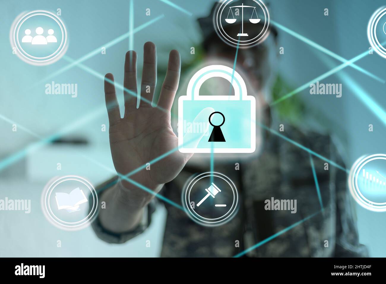 selective focus of happy man in military uniform pointing with finger ...