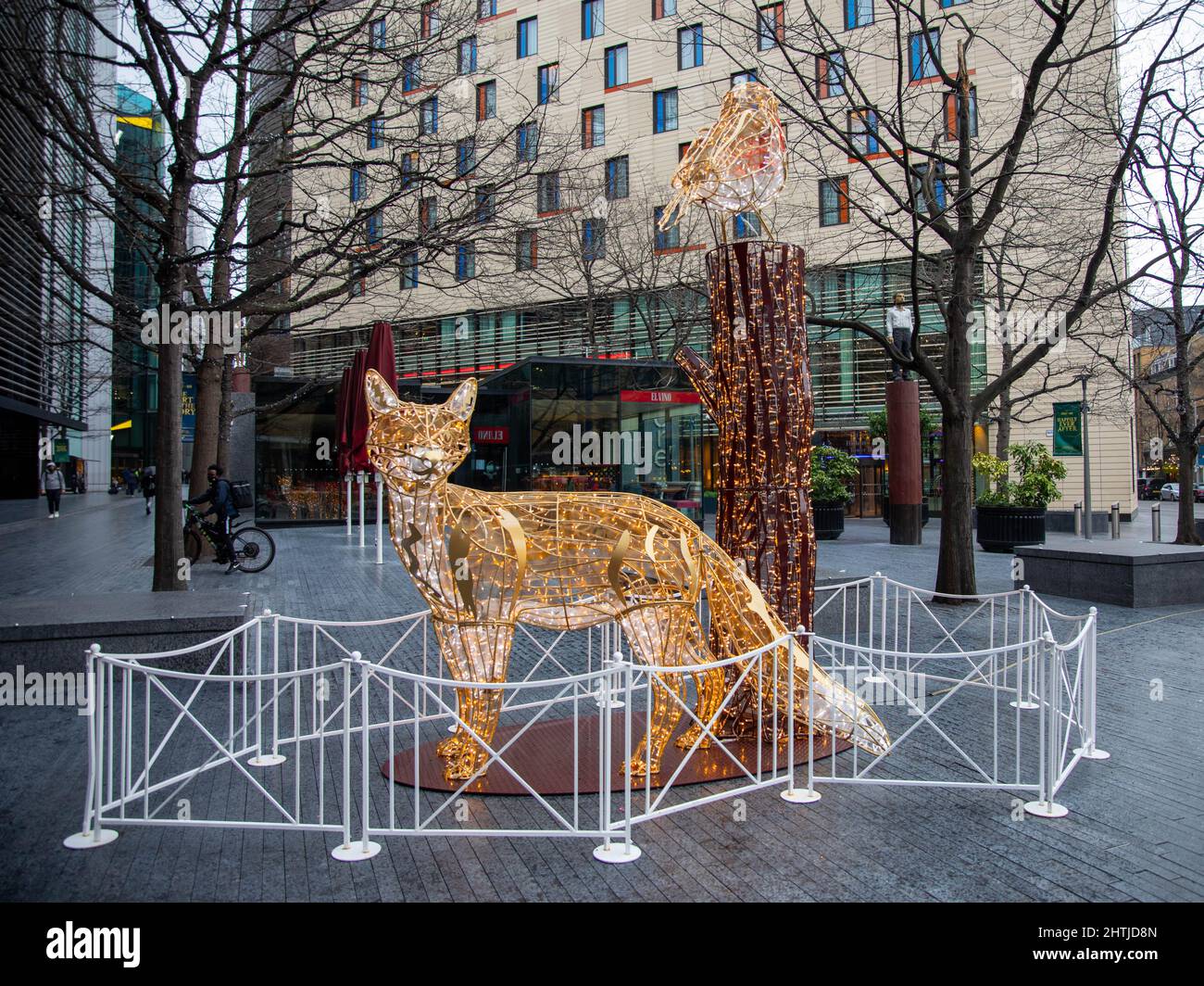 Closeup of a Christmas light display of a fox in More London Place ...