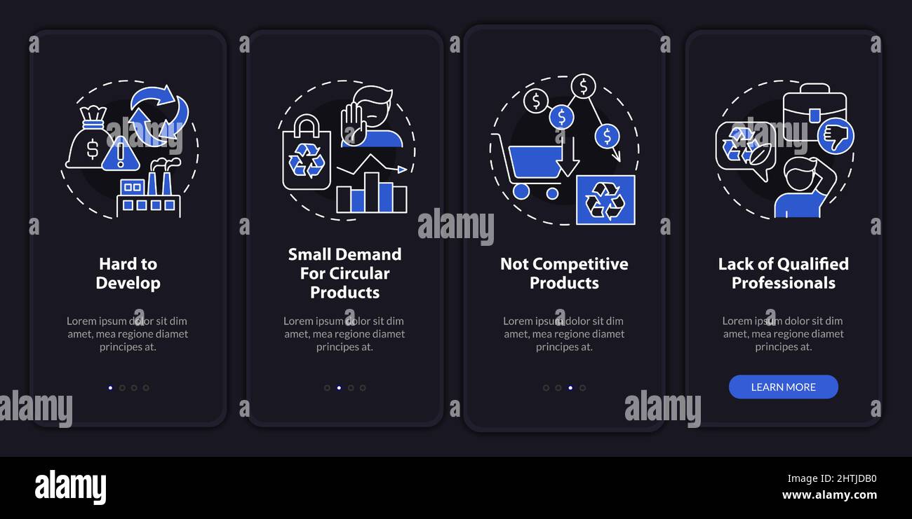 Circular economy disadvantages night mode onboarding mobile app screen ...