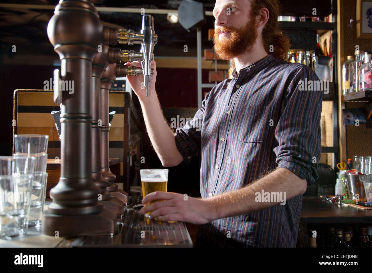 Side view of cropped male barkeeper with red hair pouring beer on tap ...