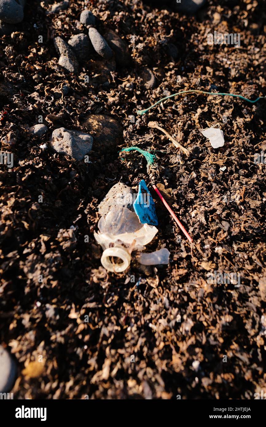 High angle of plastic trash on messy ground polluted with waste harmful ...