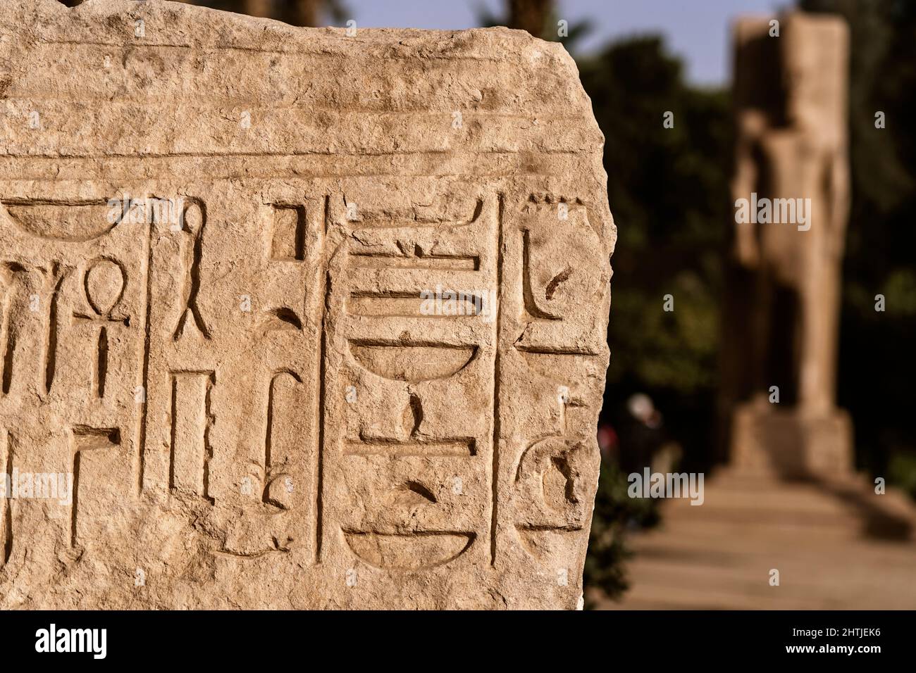 Closeup of ancient stone slab with carved Egyptian hieroglyphs located ...