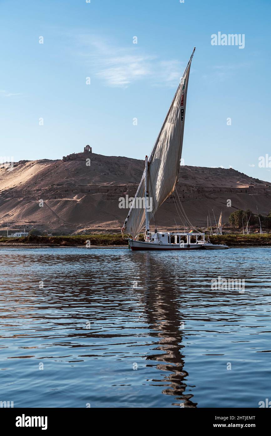 Sailing boat with lateen sail floating on rippling sea water near shore ...