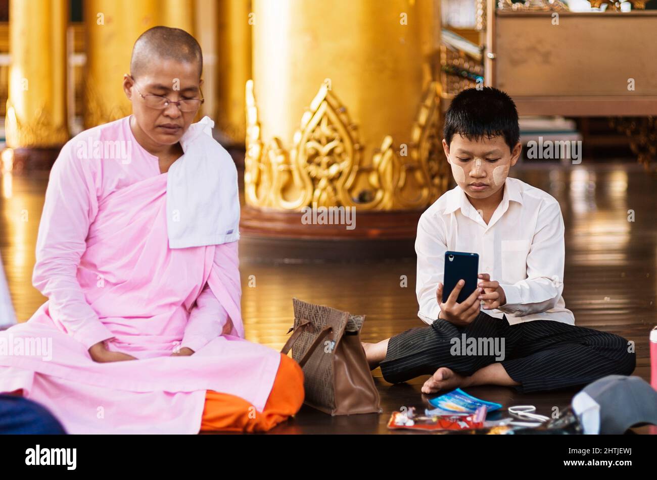 Yangon, Myanmar - 04.19.2017: Ethnic boy with tanaka paste on face ...