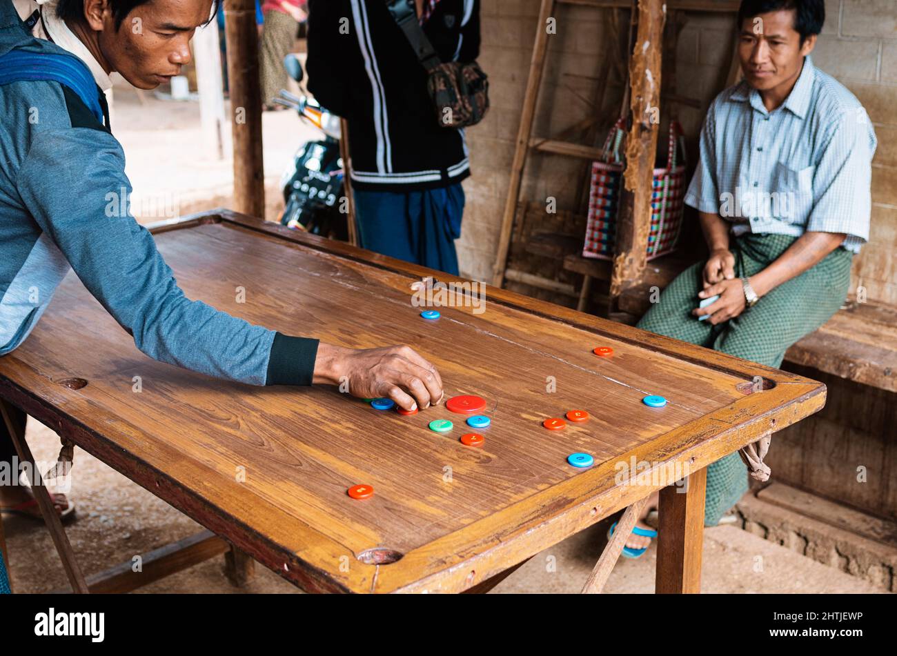 Bagan, Myanmar - 04.18.2017: Ethnic males playing traditional South ...