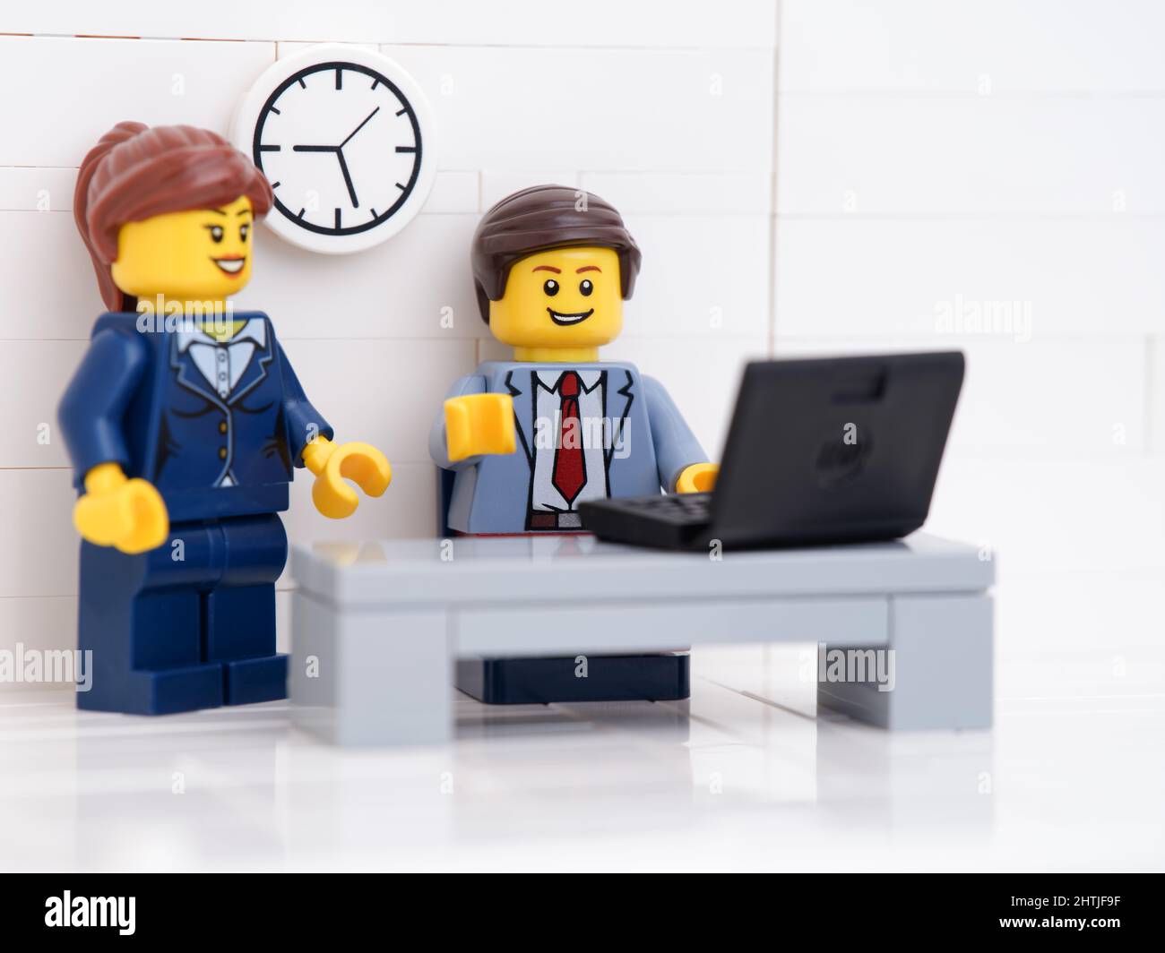 Tambov, Russian Federation - February 25, 2022 A Lego businessman and a ...