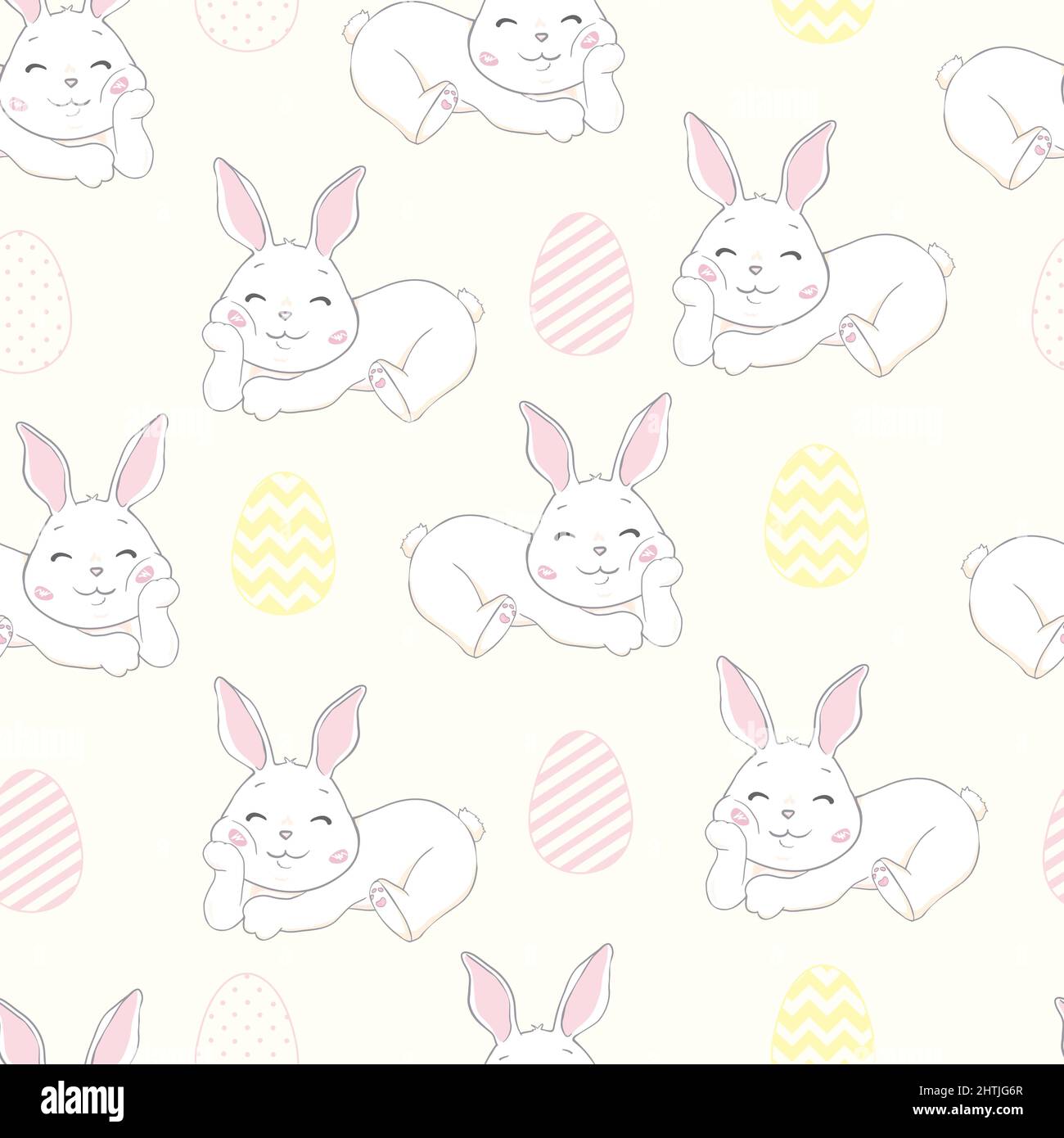 Seamless pattern with daisy garden and rabbits on pink background ...