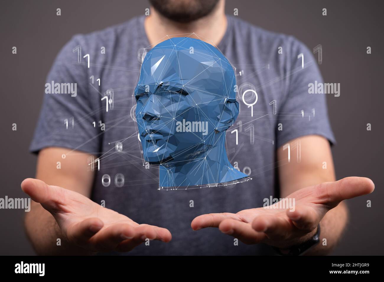 3d rendering of human brain head floating in the palms of a man Stock ...