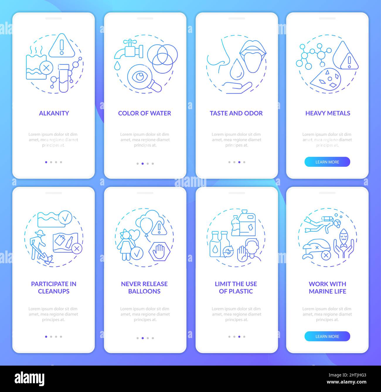 Prevent water pollution blue gradient onboarding mobile app screen set ...