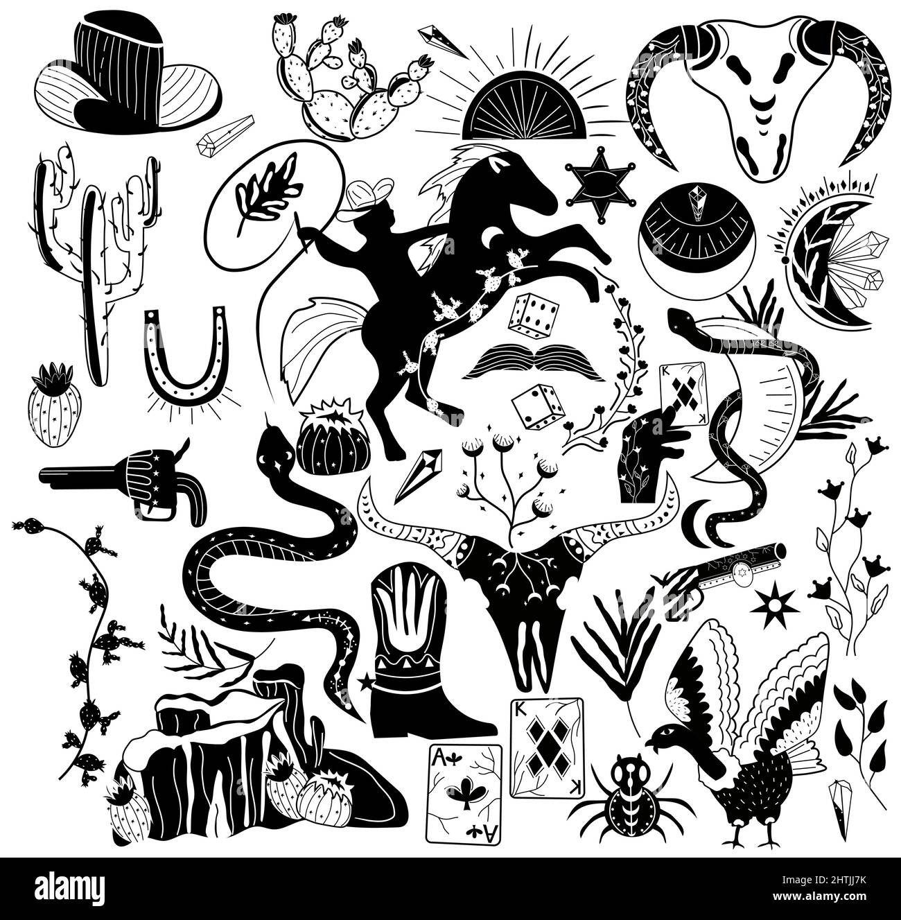 Wild west, cowboy collection. Black and white illustration. Wild horse ...