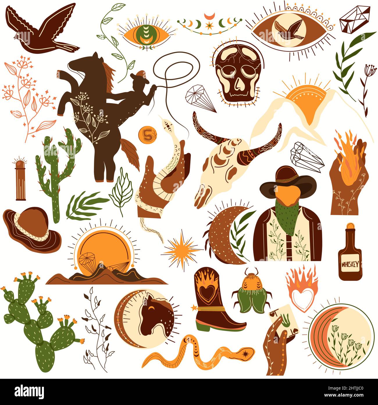 Wild west collection. Wild horse, cowboy, buffalo skull, cactus, snake ...