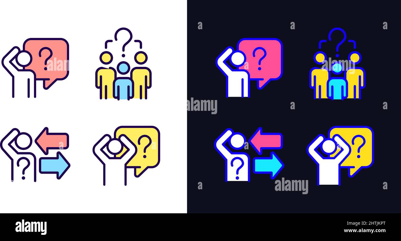 Asking and answering questions light and dark theme color icons set ...