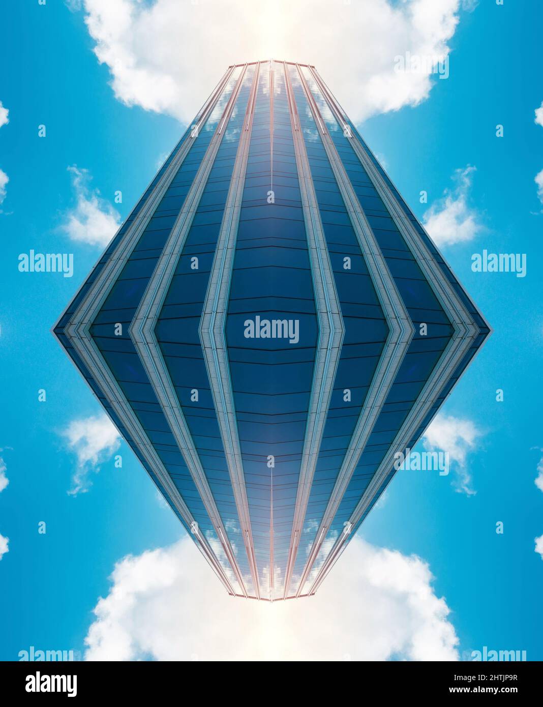 underside panoramic and perspective view to steel blue glass high rise ...