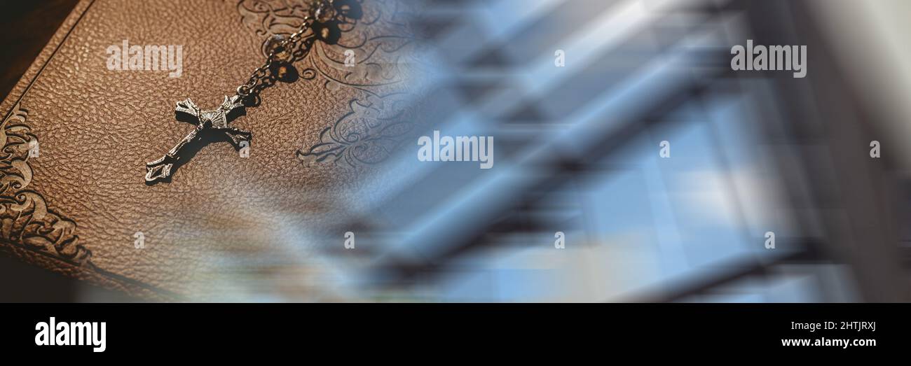 Close up view of rosary on holy bible with copy space Stock Photo - Alamy