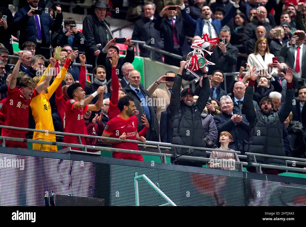 File photo dated 27-02-2022 of Liverpool manager Jurgen Klopp lifting ...