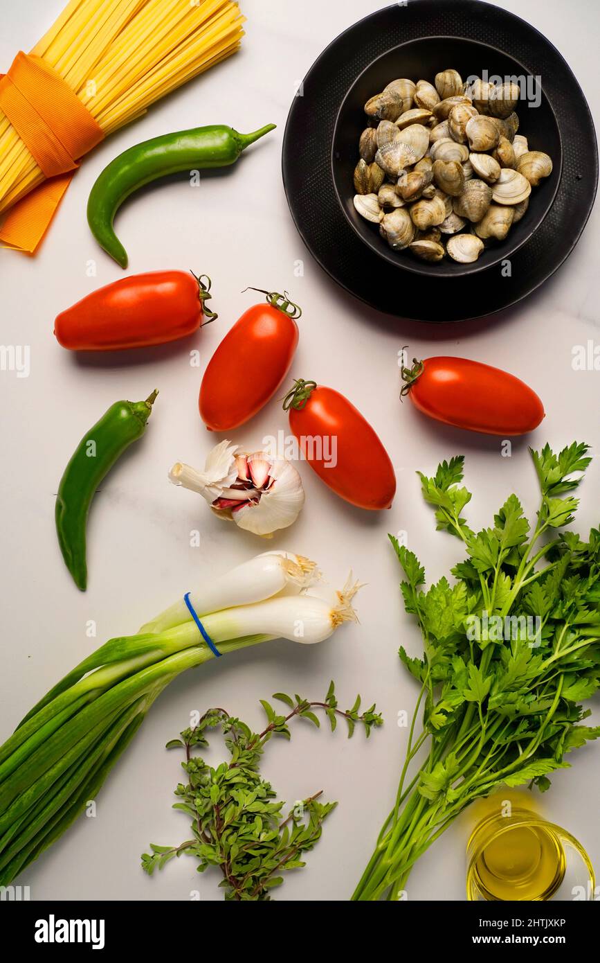 Ingredients for the preparation of the typical pasta dish of southern ...