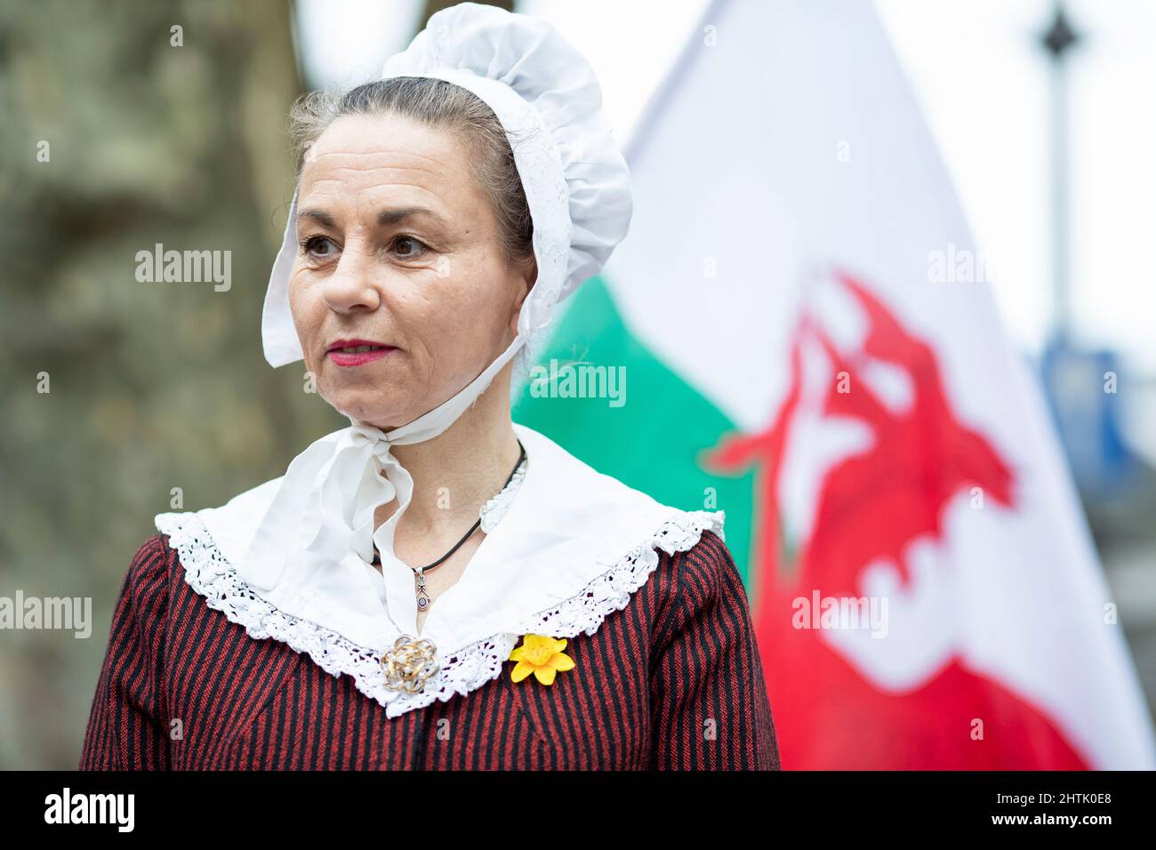Cardiff, Wales, UK. 1st Mar, 2022. A woman wearing traditional Welsh ...