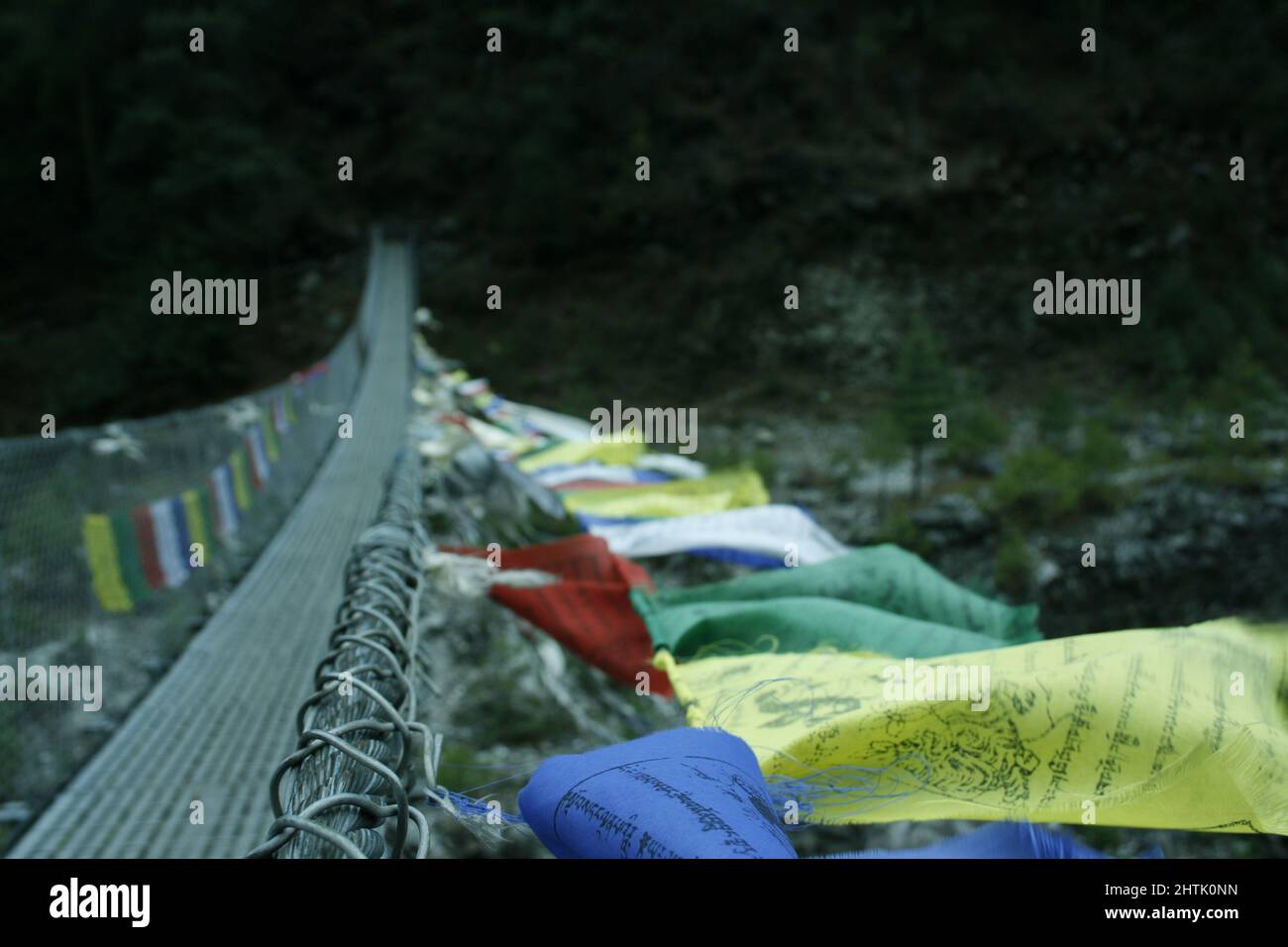 Bridge with dense forests under it and colorful flags hanging from it ...